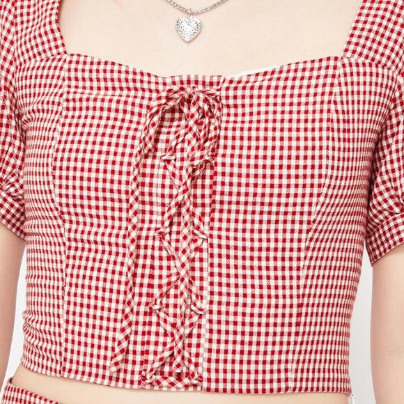 essue | Tops | Red Gingham Lace Up Square Neck Bow Cute Crop Top | Poshmark